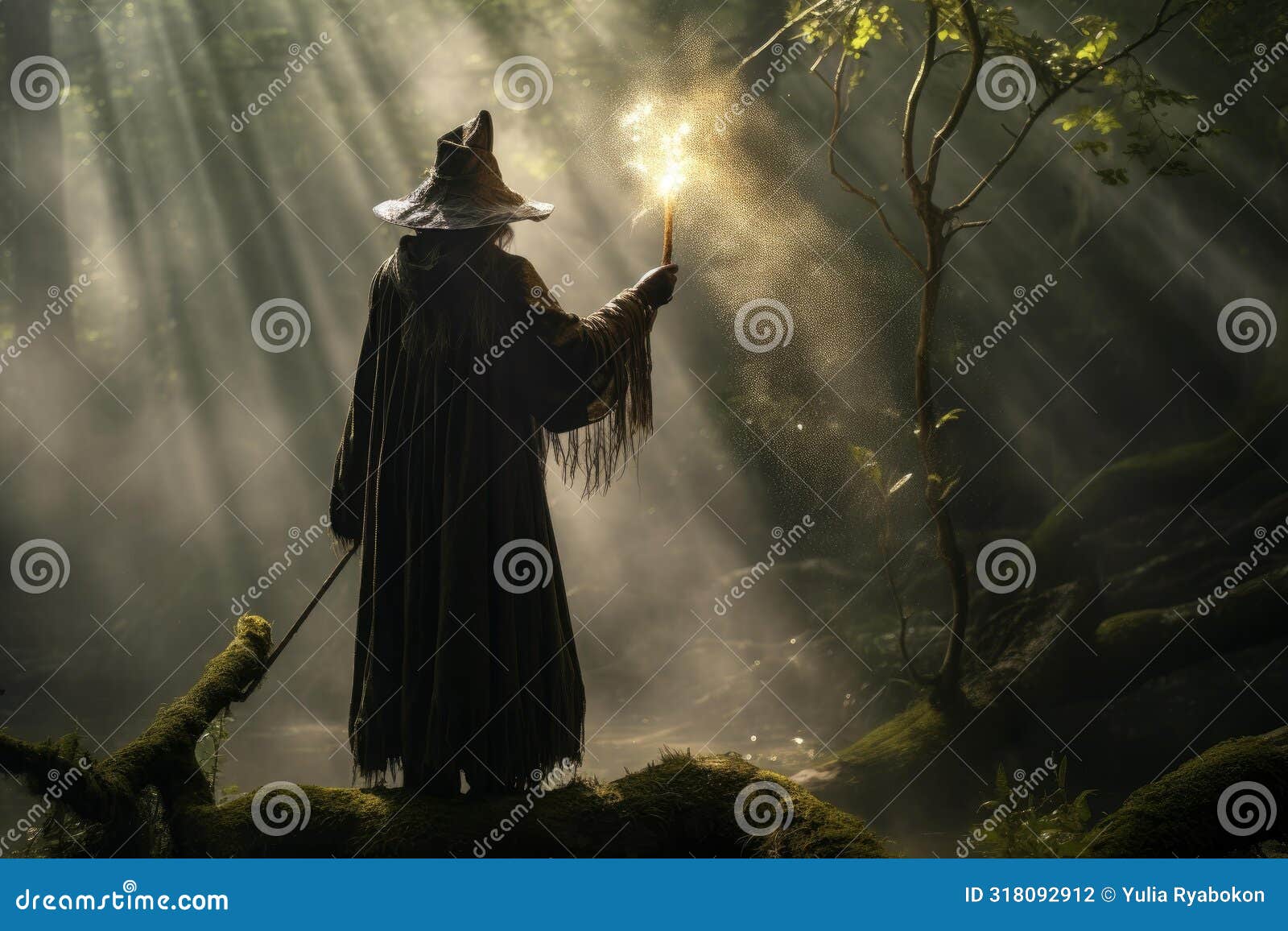 Enchanted Forest Wizard Casting Spell Stock Photo - Image of mist ...