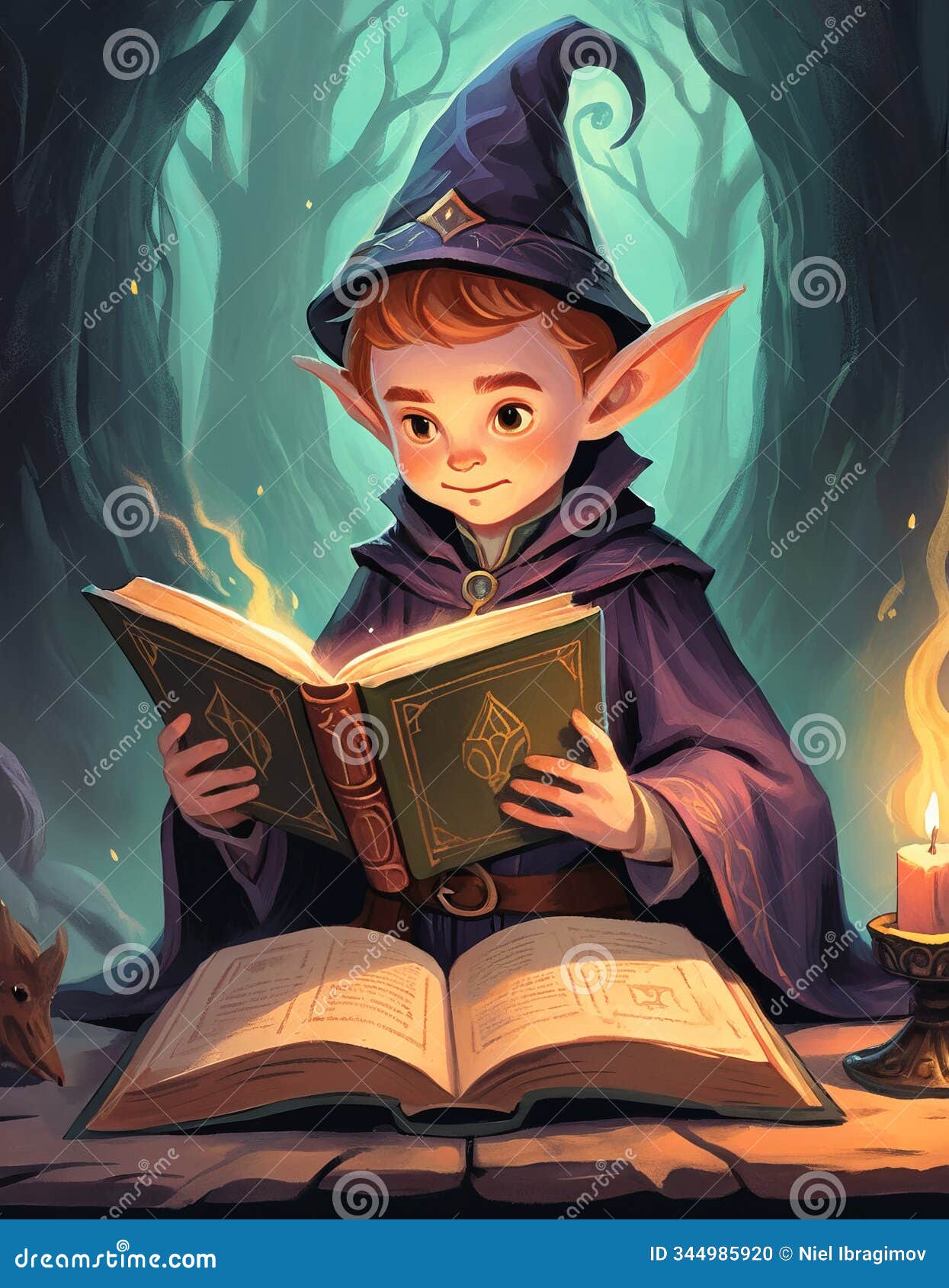 Enchanted Forest Wizard Reading a Magical Book by Candlelight Stock ...