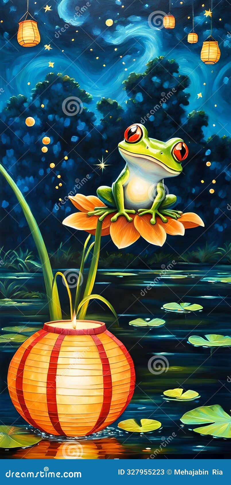 Enchanted Frog and Lanterns in Starry Night Stock Illustration ...