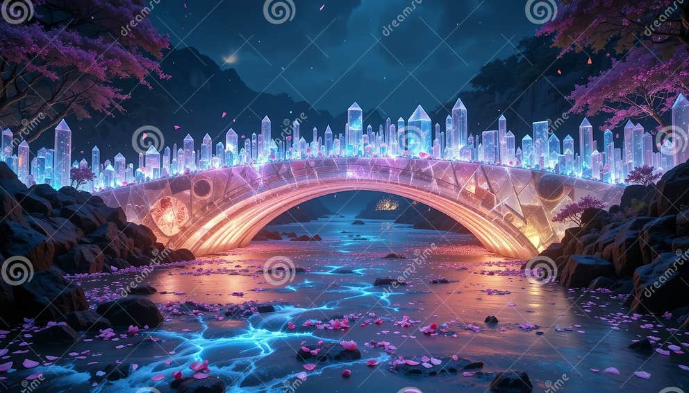 Enchanted Glowing Bridge Over a Peaceful River at Night Stock Photo ...