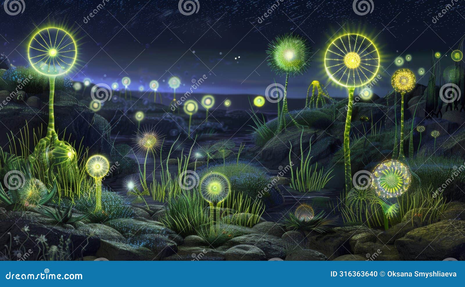 Enchanted Glowing Flower Garden Under Starry Night Sky Stock Photo ...