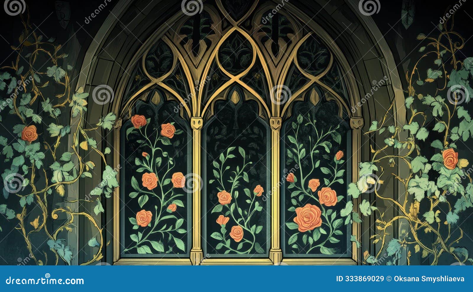 Enchanted Gothic Window Adorned with Climbing Roses Stock Image - Image ...