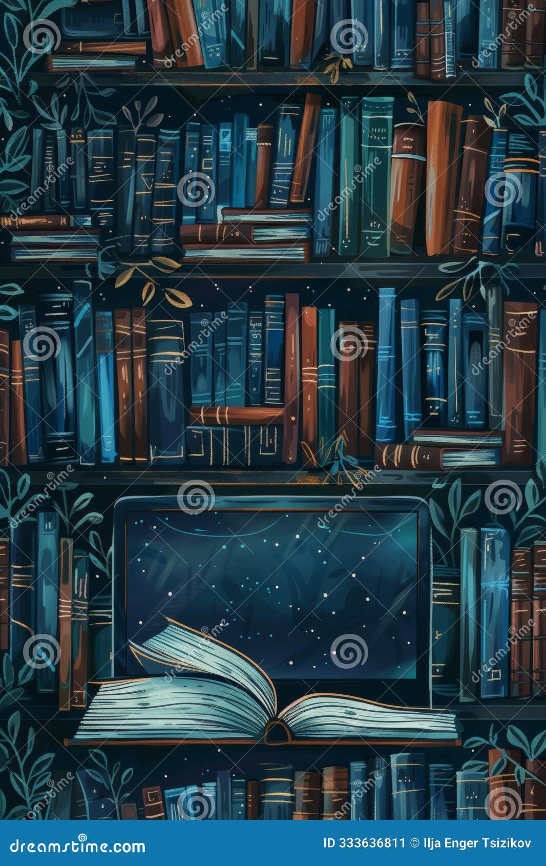 Enchanted Library with Glowing Open Book, Starry Night Reflection ...