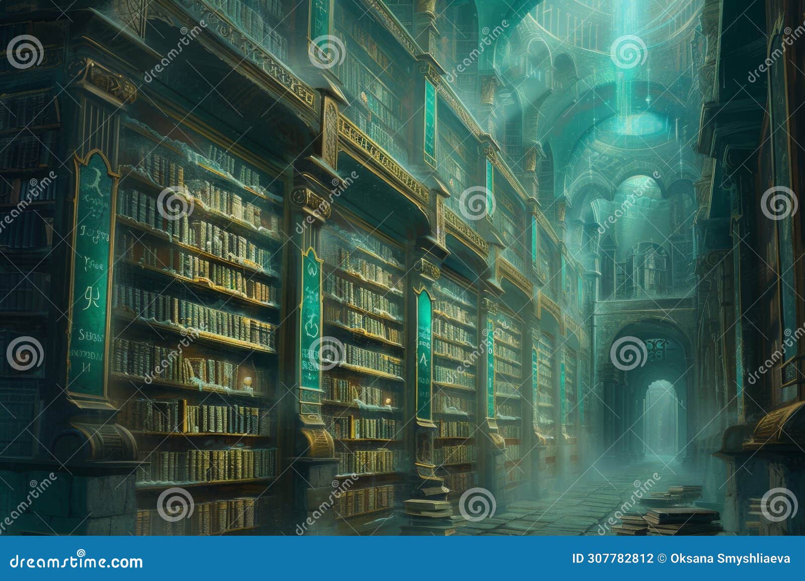 Enchanted Library Halls with Ancient Emerald-Bound Tomes Stock Photo ...