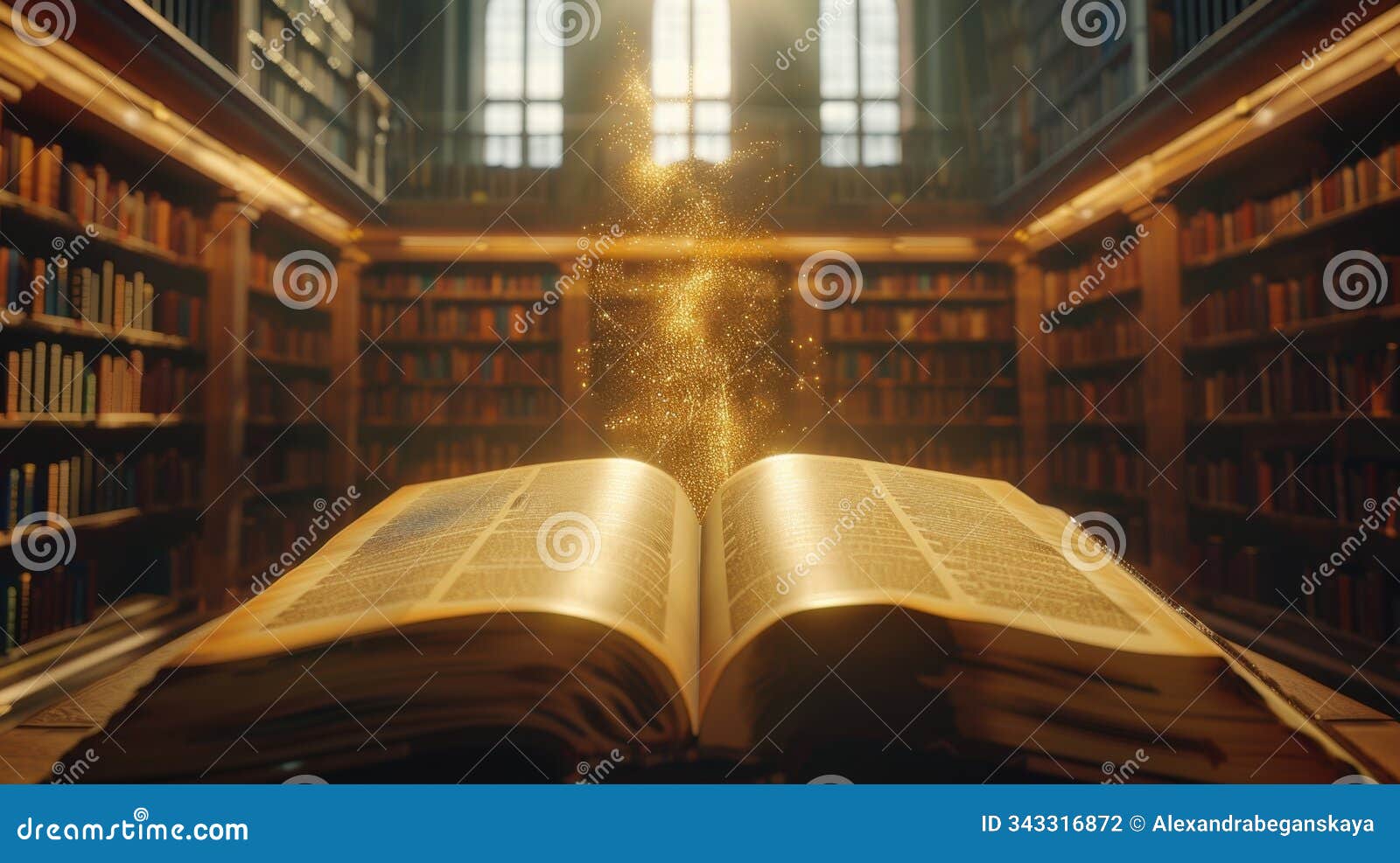 Enchanted Library with Open Book and Magical Light Particles National ...