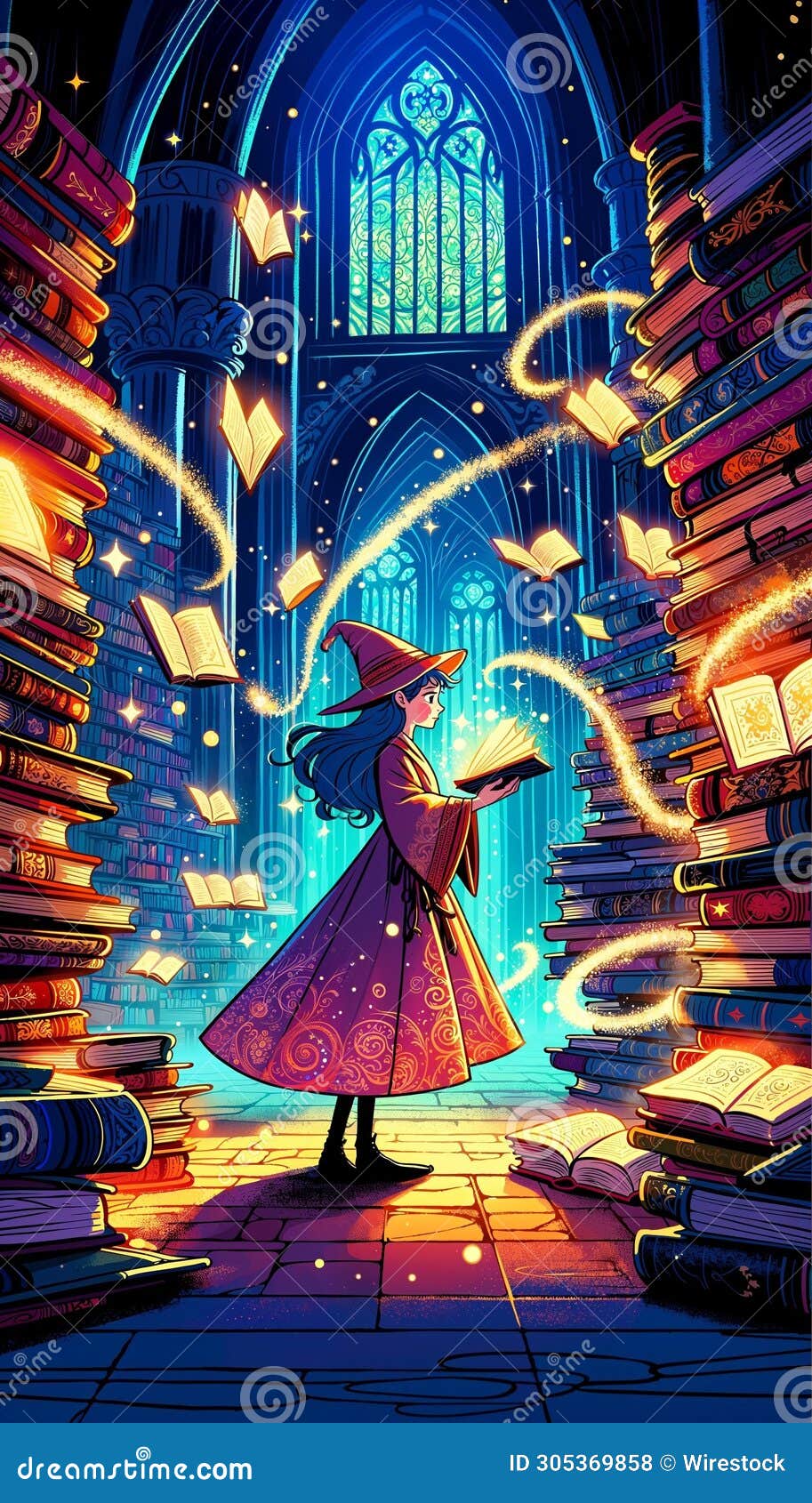 Enchanted Library: a Wizardess Conjuring Book Illustrations - AI ...