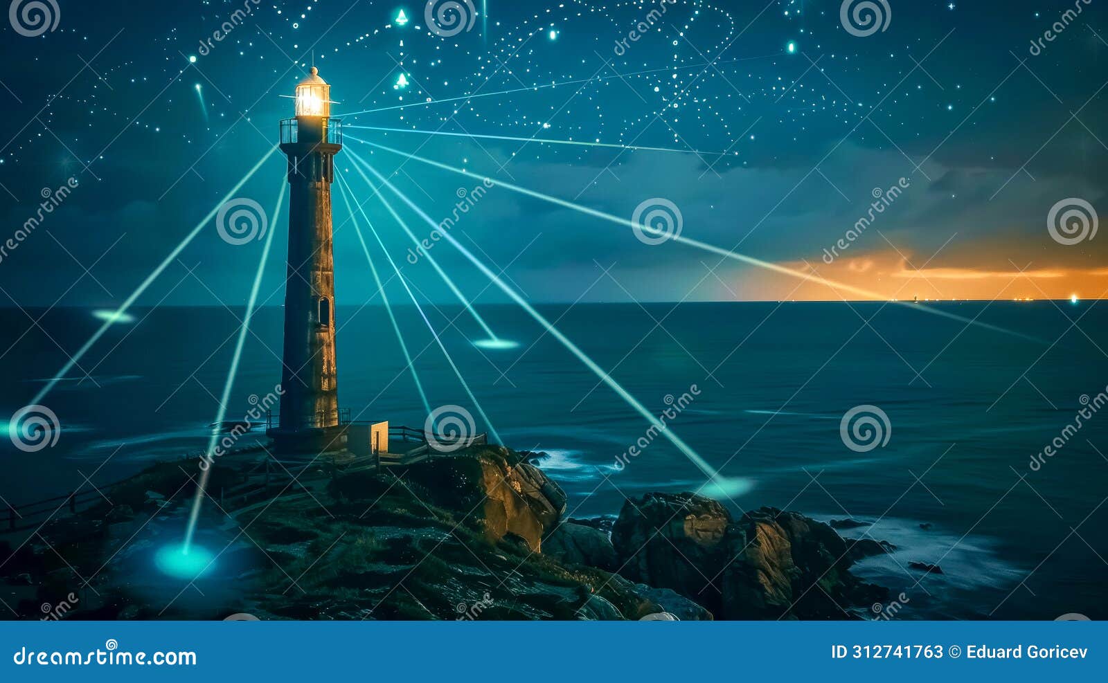 Enchanted Lighthouse Under Starry Sky Stock Image - Image of serene ...