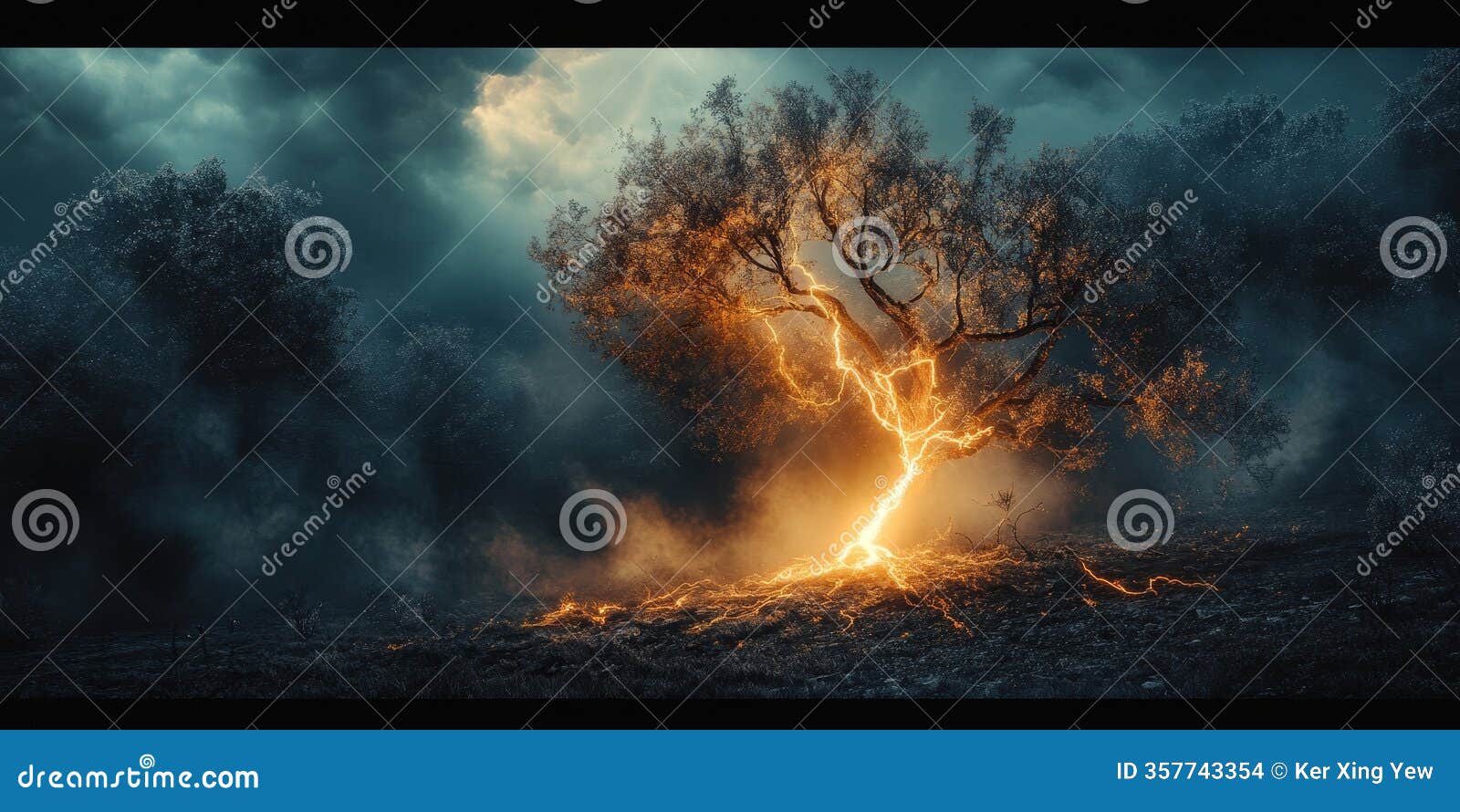 Enchanted Lightning Tree in a Dark Forest Stock Illustration ...
