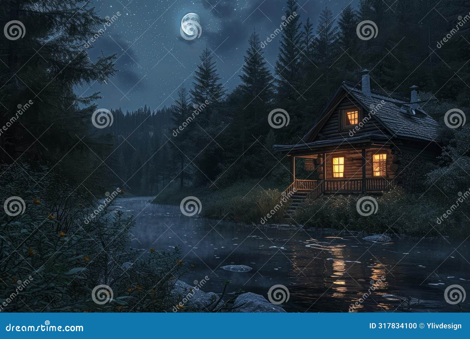 Enchanted Moonlit Cabin by the River Stock Photo - Image of habitat ...