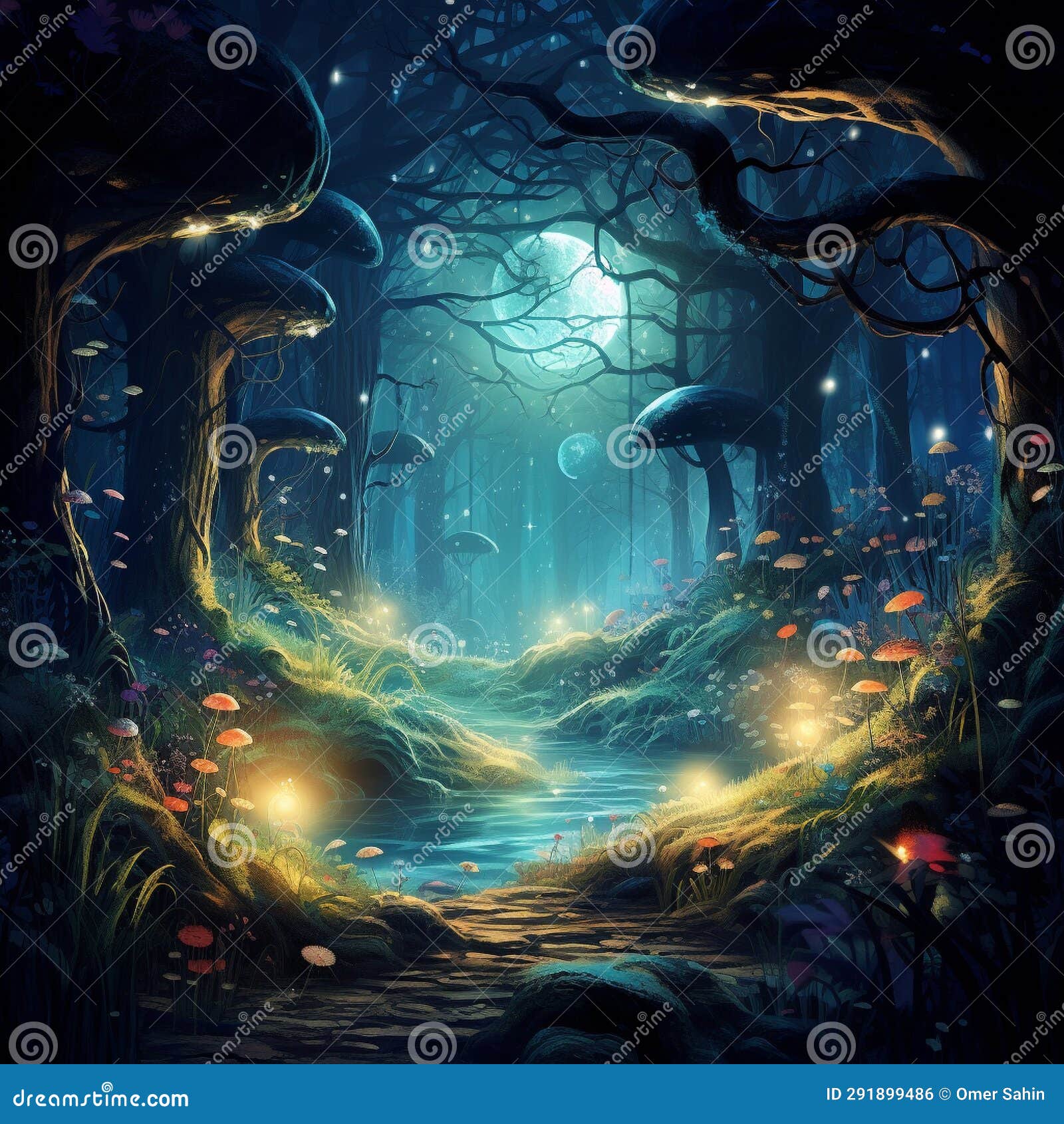 Enchanted Moonlit Forest with Whimsical Creatures Stock Photo - Image ...