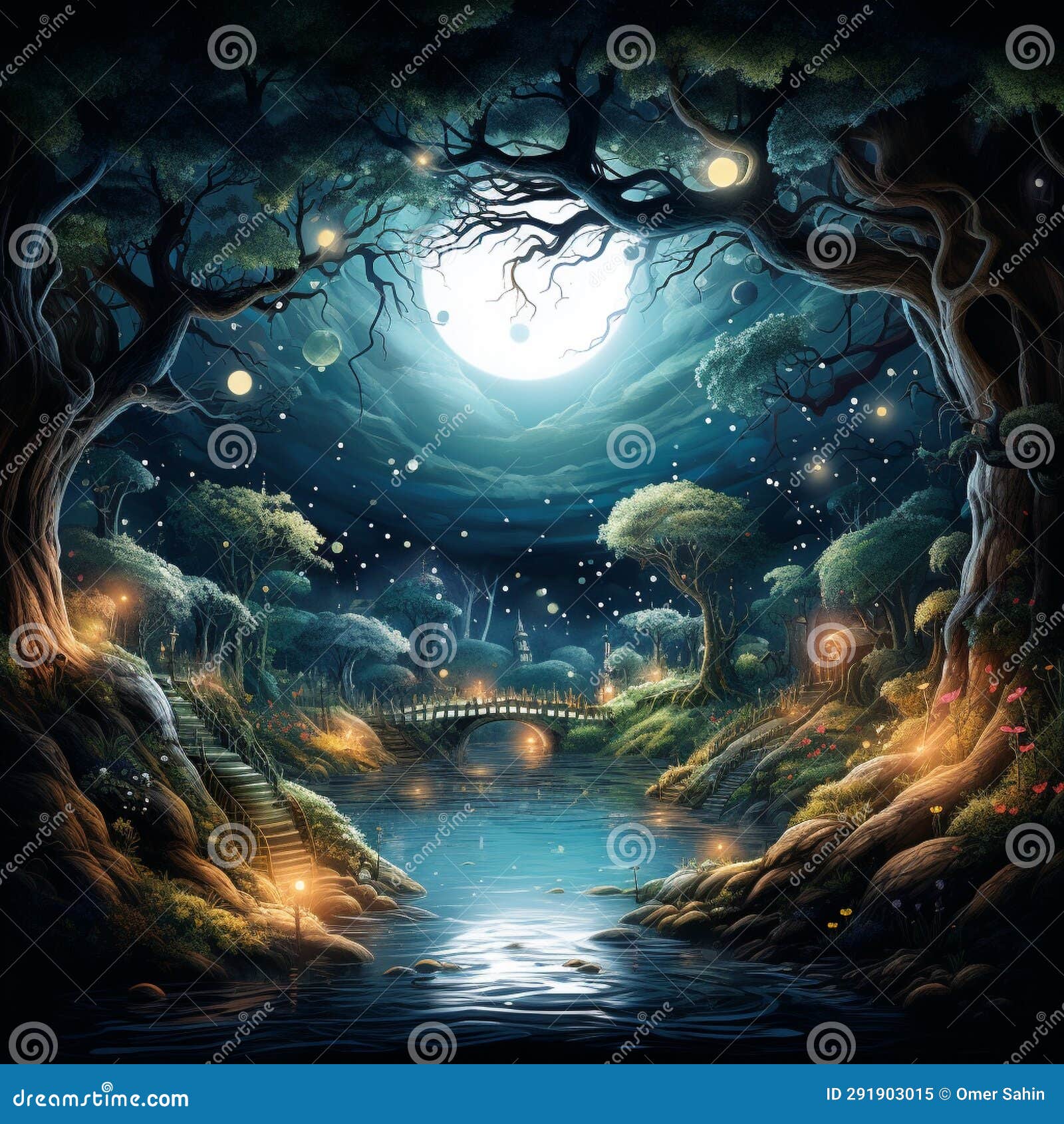 Enchanted Moonlit Forest with Whimsical Creatures Stock Image - Image ...