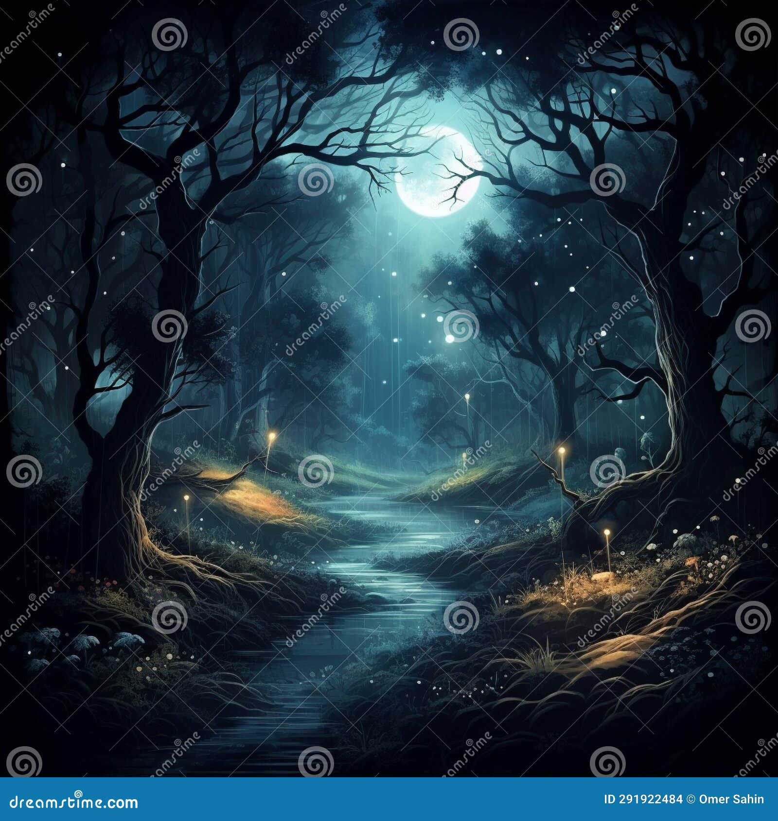 Enchanted Moonlit Forest with Whimsical Creatures Stock Photo - Image ...
