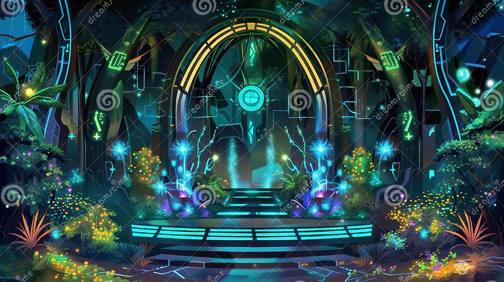 Enchanted Neon Forest Gateway at Nighttime Stock Photo - Image of ...