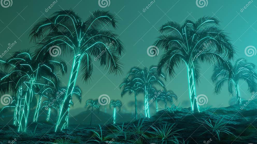 Enchanted Neon Light Palm Trees in a Mystical Nightscape Stock Photo ...