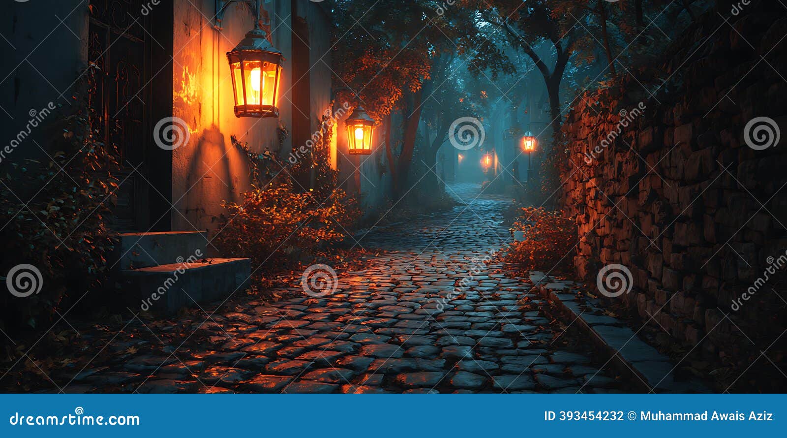 Enchanted Night Garden Labyrinth With Stone Statues And Fires Royalty ...