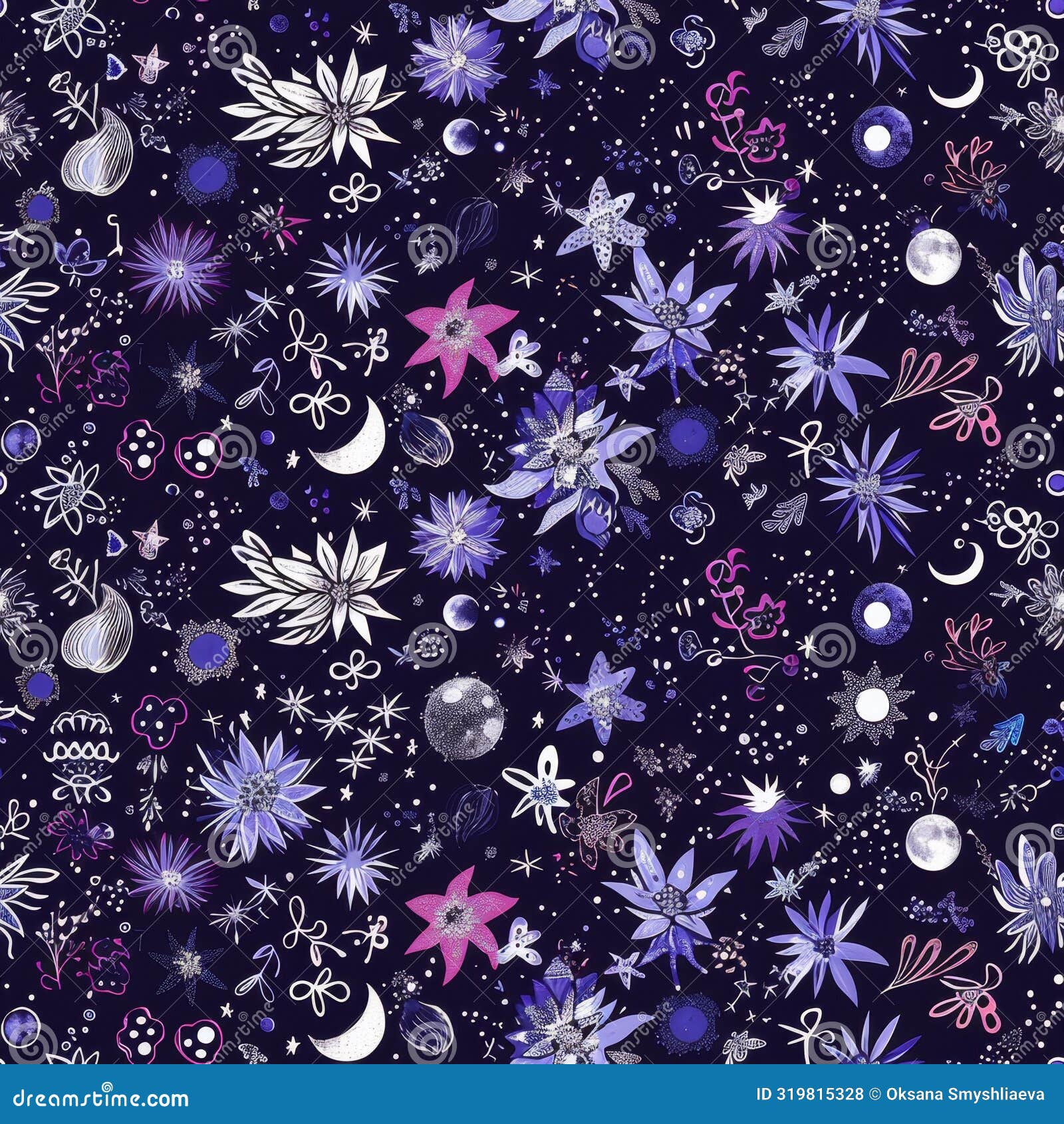 Enchanted Night Sky With Celestial Motifs And Floral Patterns Royalty ...