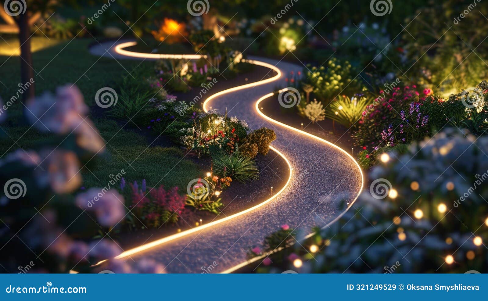 Enchanted Nighttime Garden Path with Magical Lights Stock Image - Image ...