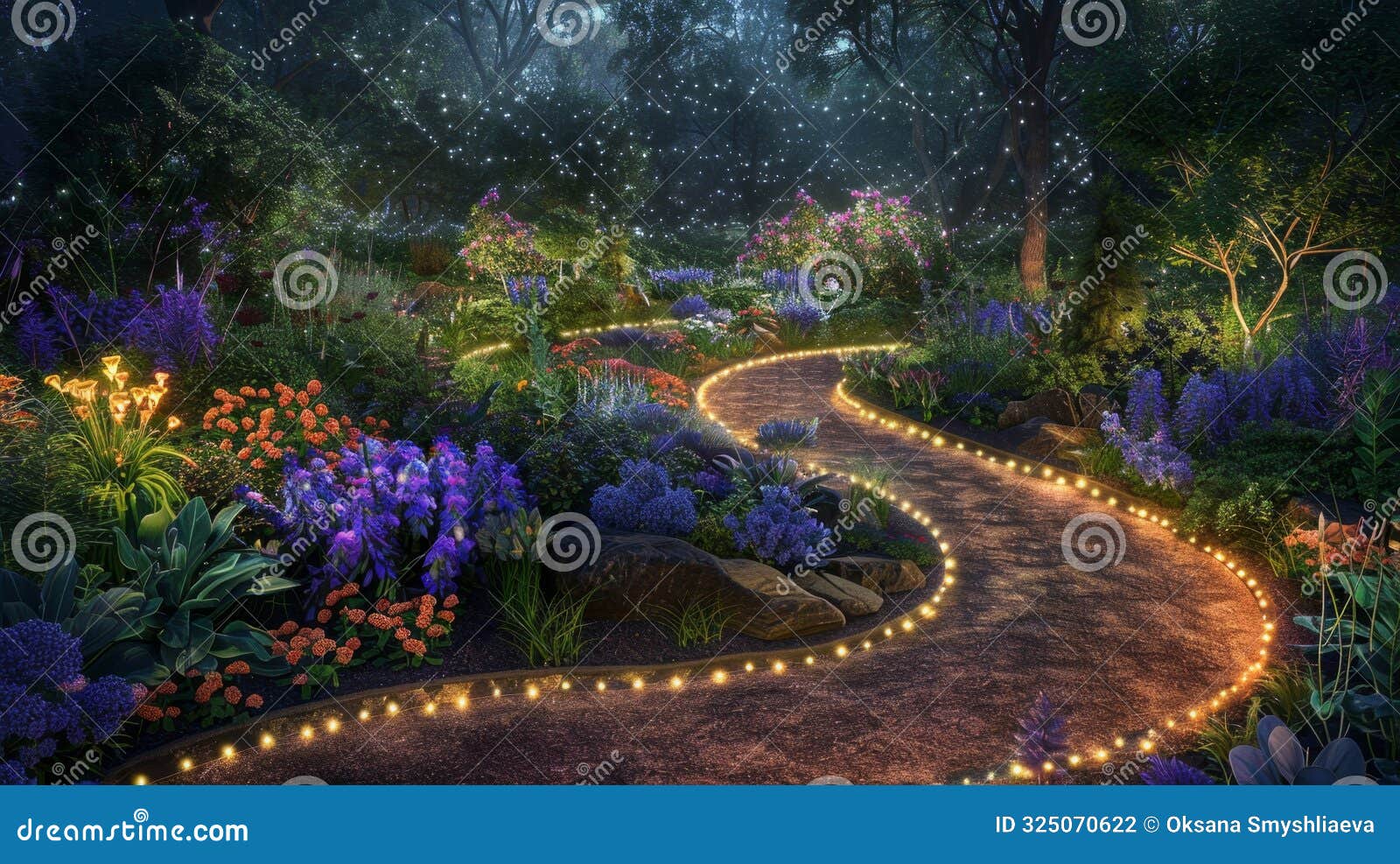 Enchanted Nighttime Garden Path with Twinkling Lights and Lush Foliage ...