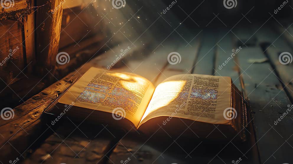 Enchanted Open Book with Dust Particles Illuminated by Warm Light Stock ...