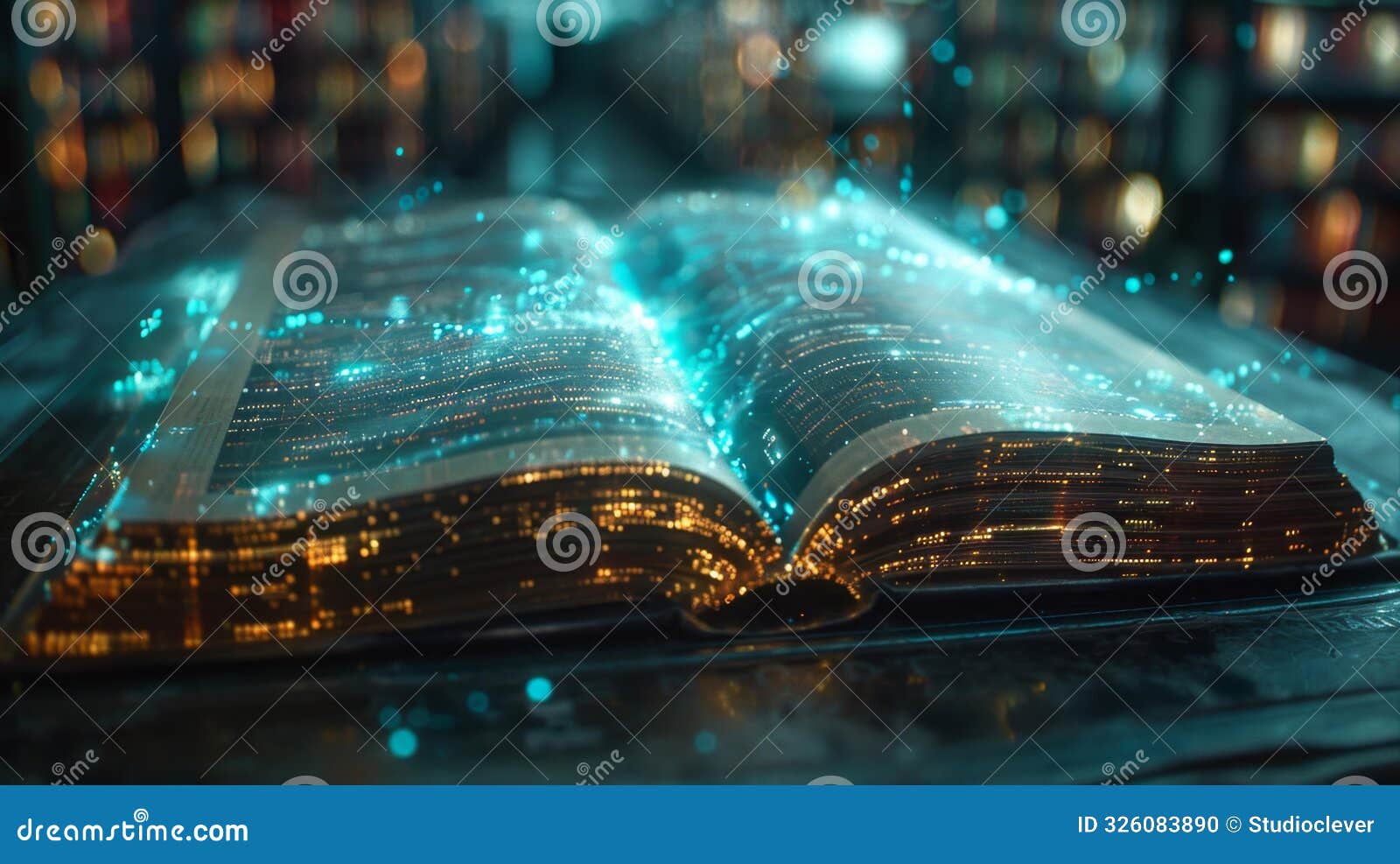 Enchanted Open Book with Glowing Text in a Library - Generative AI ...