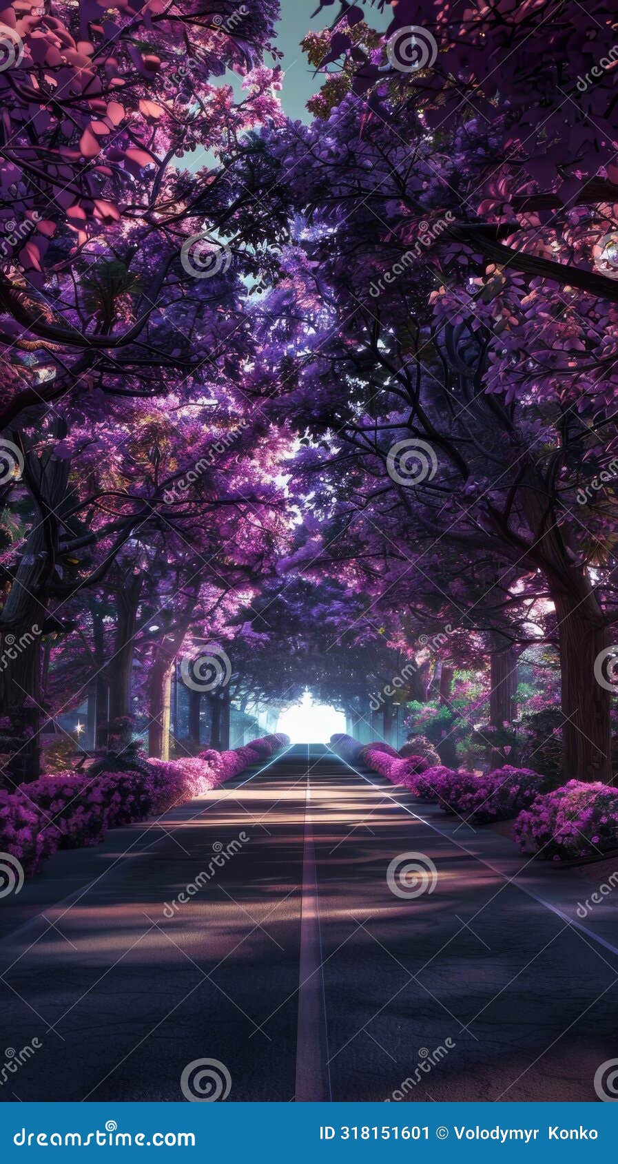 Enchanted Purple Forest Pathway with Glowing Light at the End Stock ...
