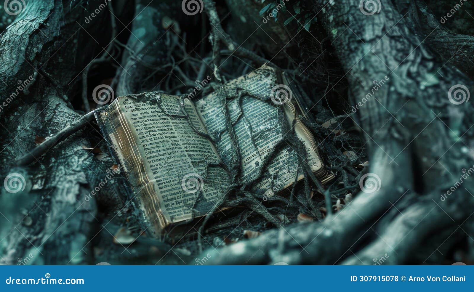 Enchanted Relic: Ancient Book Concealed by Twisting Tree Roots Stock ...