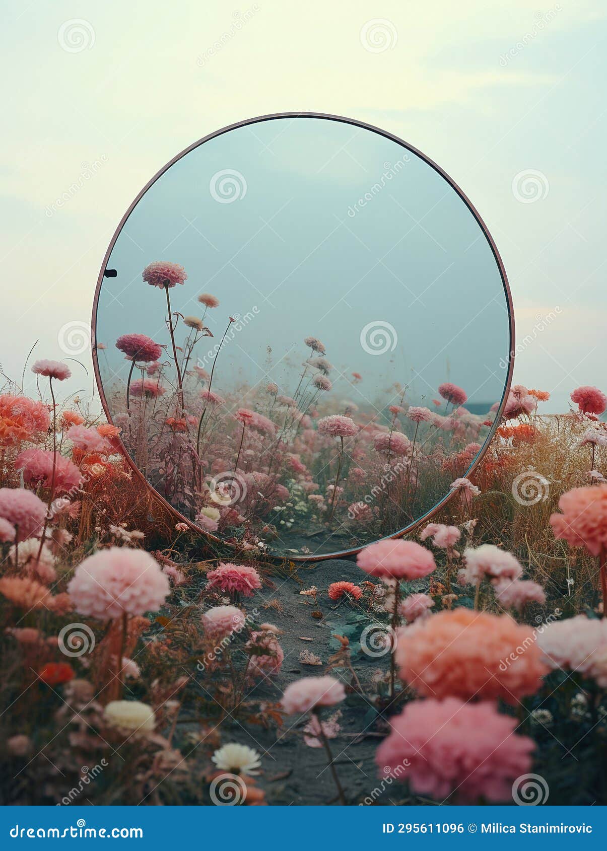 Enchanted Round Mirror Amidst a Blooming Flower Field Stock ...