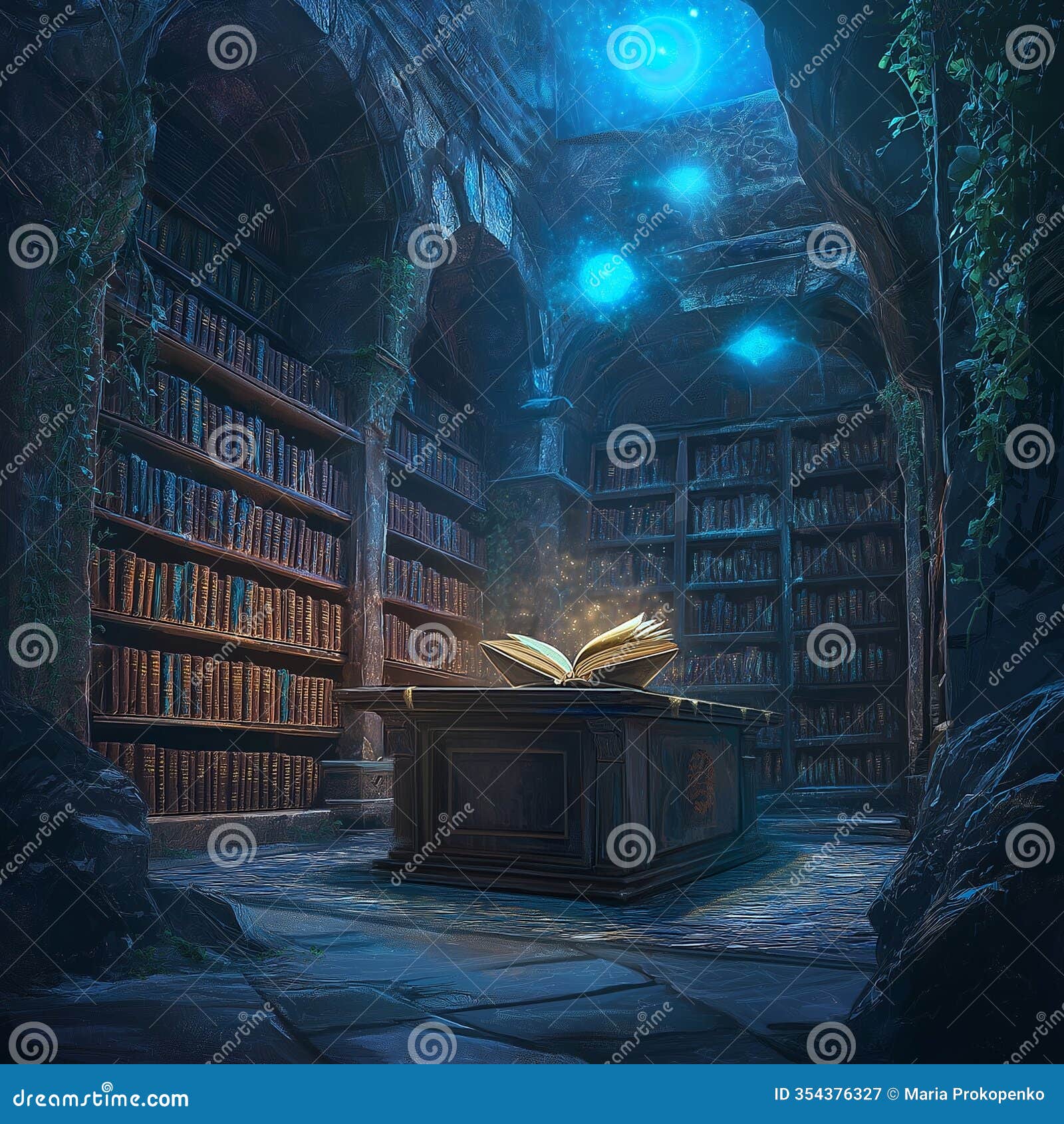 Enchanted Secret Library stock illustration. Illustration of glowing ...