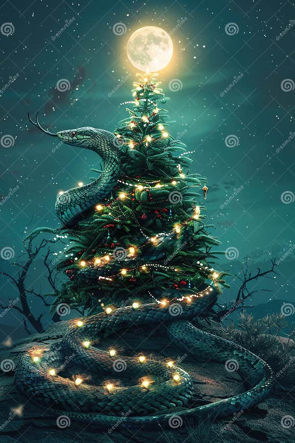 Enchanted Serpent Twining Around Magical Christmas Tree Under Moonlight ...