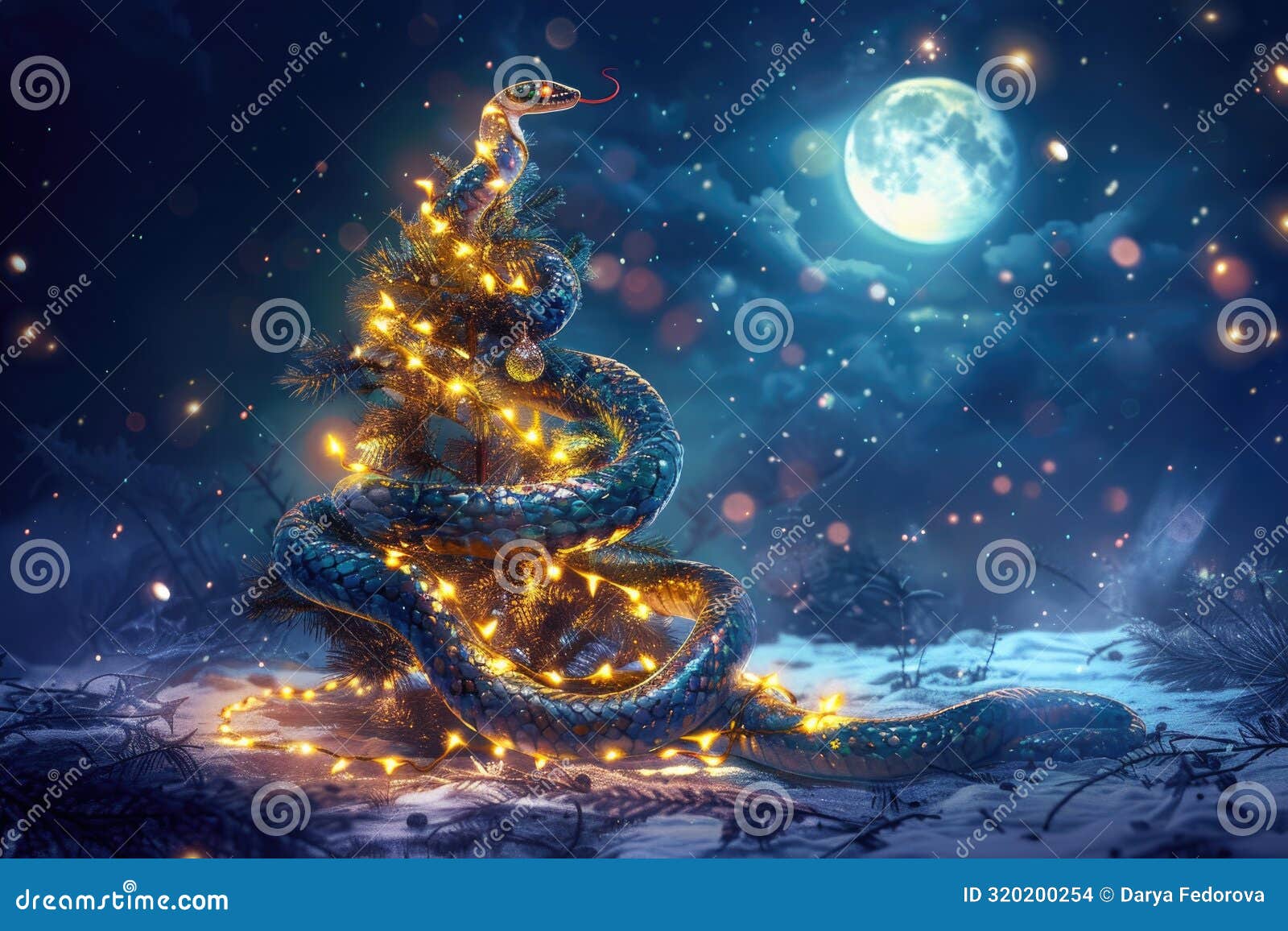 Enchanted Serpent Twining Around Magical Christmas Tree Under Moonlight ...
