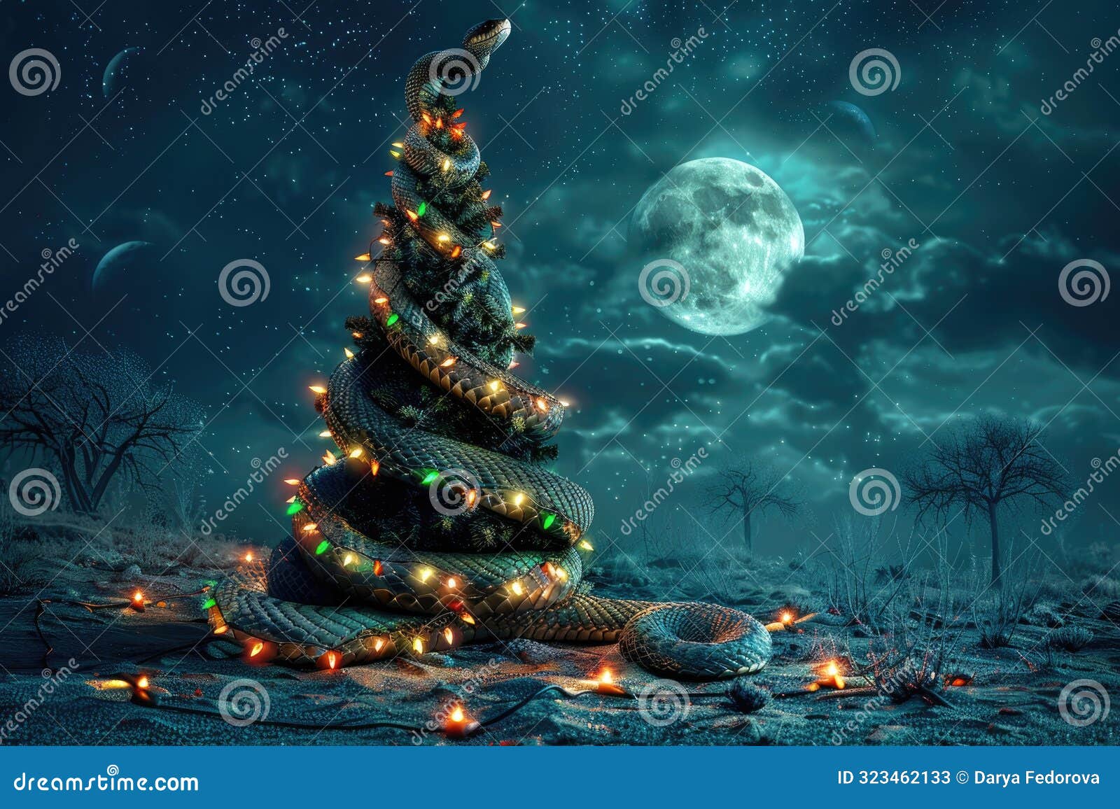 Enchanted Serpent Twining Around Magical Christmas Tree Under Moonlight ...