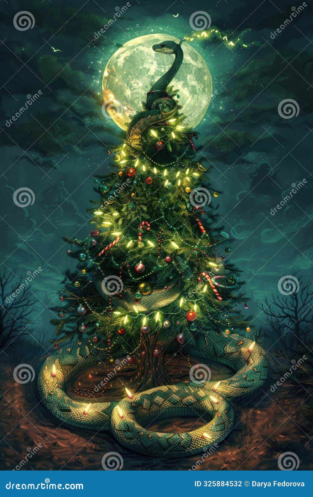 Enchanted Serpent Twining Around Magical Christmas Tree Under Moonlight ...