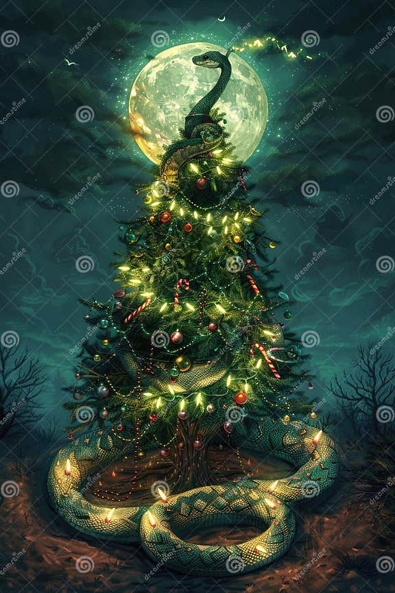 Enchanted Serpent Twining Around Magical Christmas Tree Under Moonlight ...