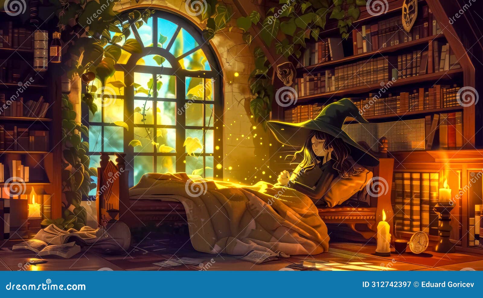 Enchanted Study - Cozy Witchcraft Library at Dusk Stock Image - Image ...