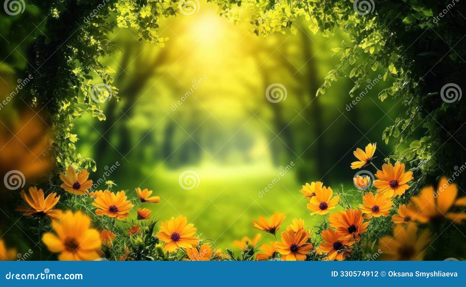 Enchanted Summer Forest Path with Golden Flowers Stock Photo - Image of ...
