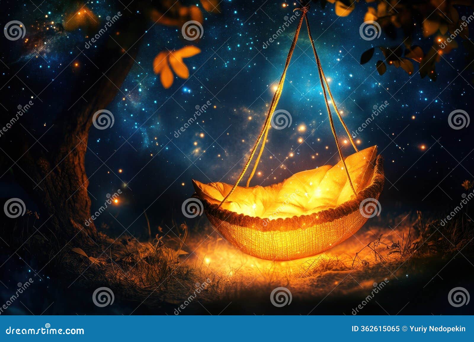 Enchanted Swing Floats Under a Starlit Sky in a Serene Forest Setting ...