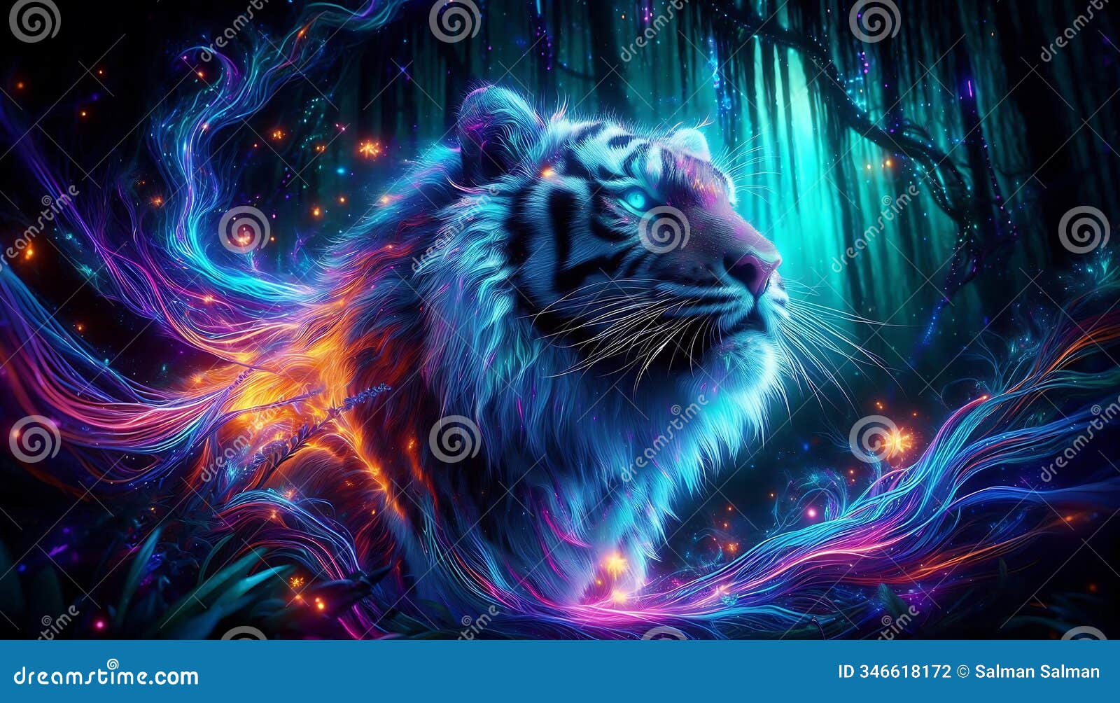 Enchanted Tiger in a Radiant Jungle Stock Illustration - Illustration ...