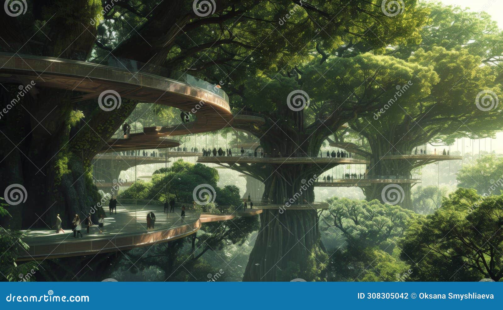 Enchanted Tree Walkways with Visitors in a Lush Forest Ecosystem Stock ...
