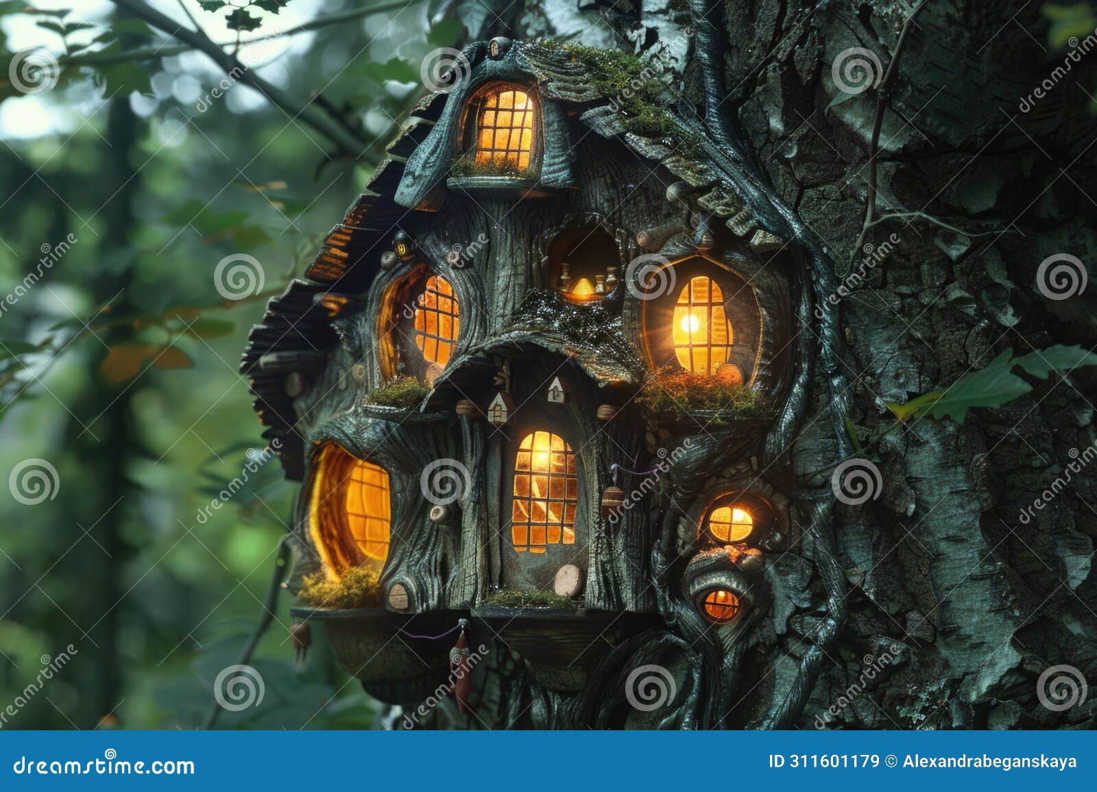 Enchanted Treehouse with Illuminated Windows Nestled in a Tree Stock ...