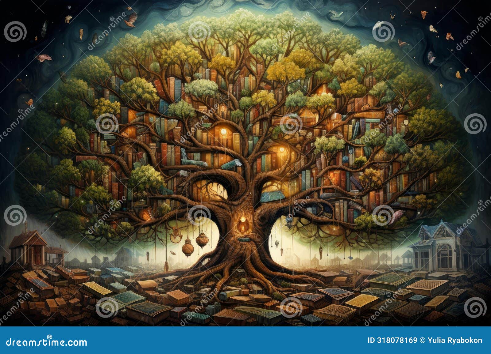 Enchanted Treehouse Library in Magical Forest Stock Illustration ...