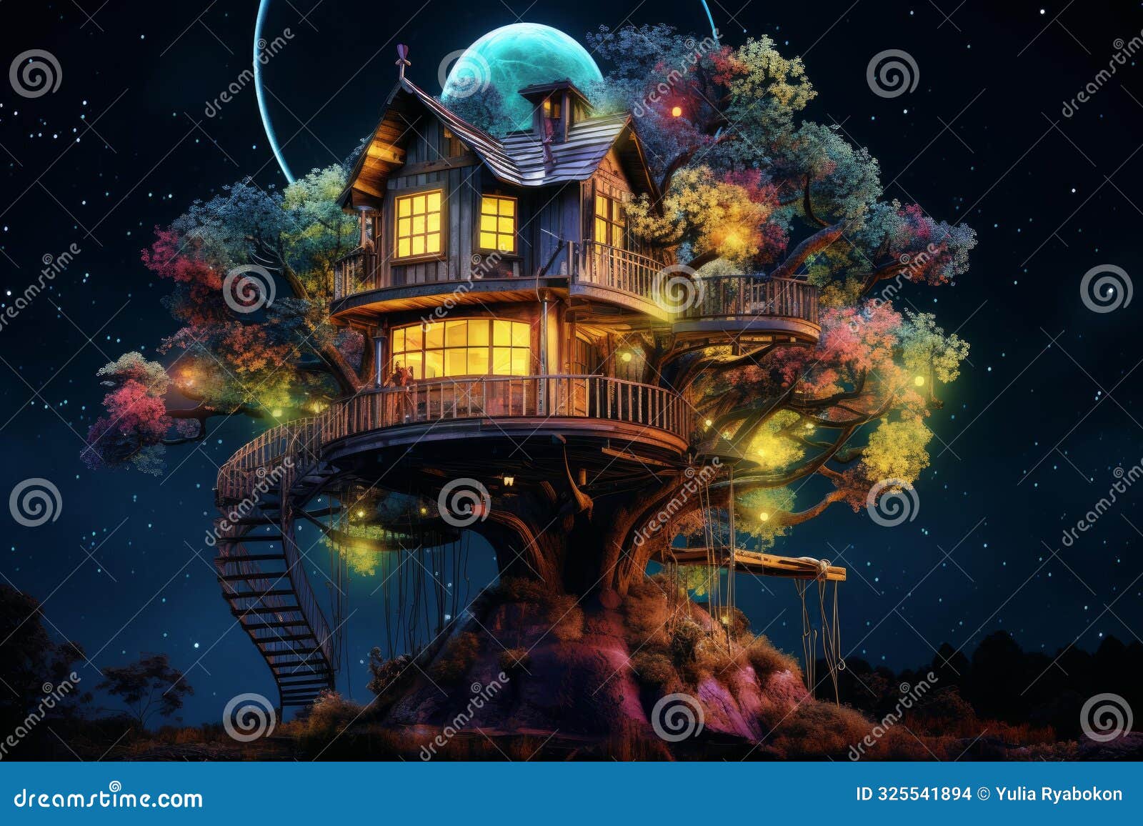 Enchanted Treehouse at Night with Illuminated Windows Stock Photo ...