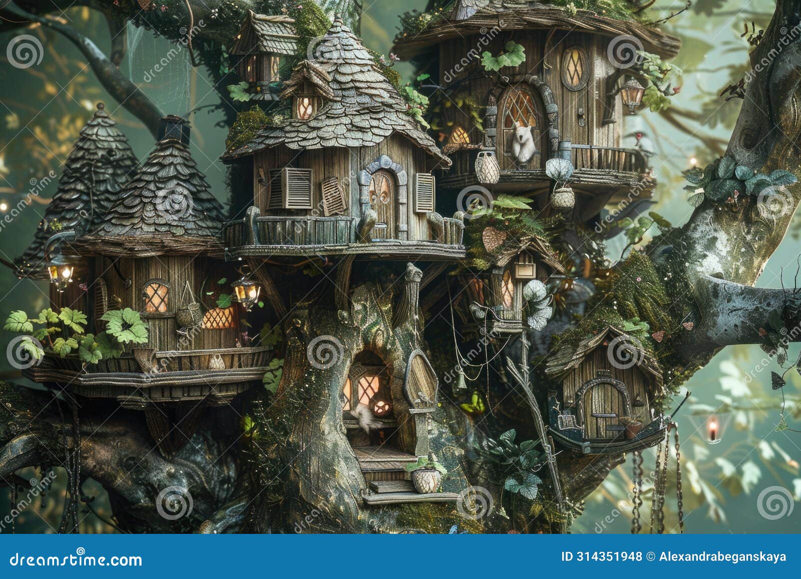 Enchanted Treehouses in a Mystical Forest Scene Stock Illustration ...