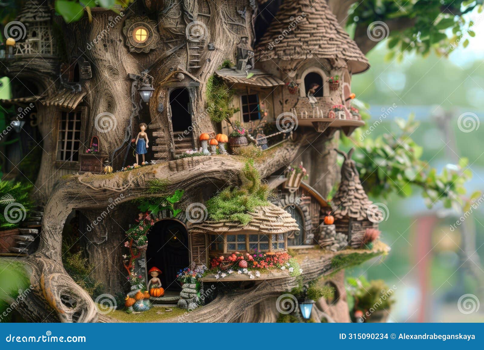 Enchanted Treehouses in a Mystical Forest Scene Stock Illustration ...