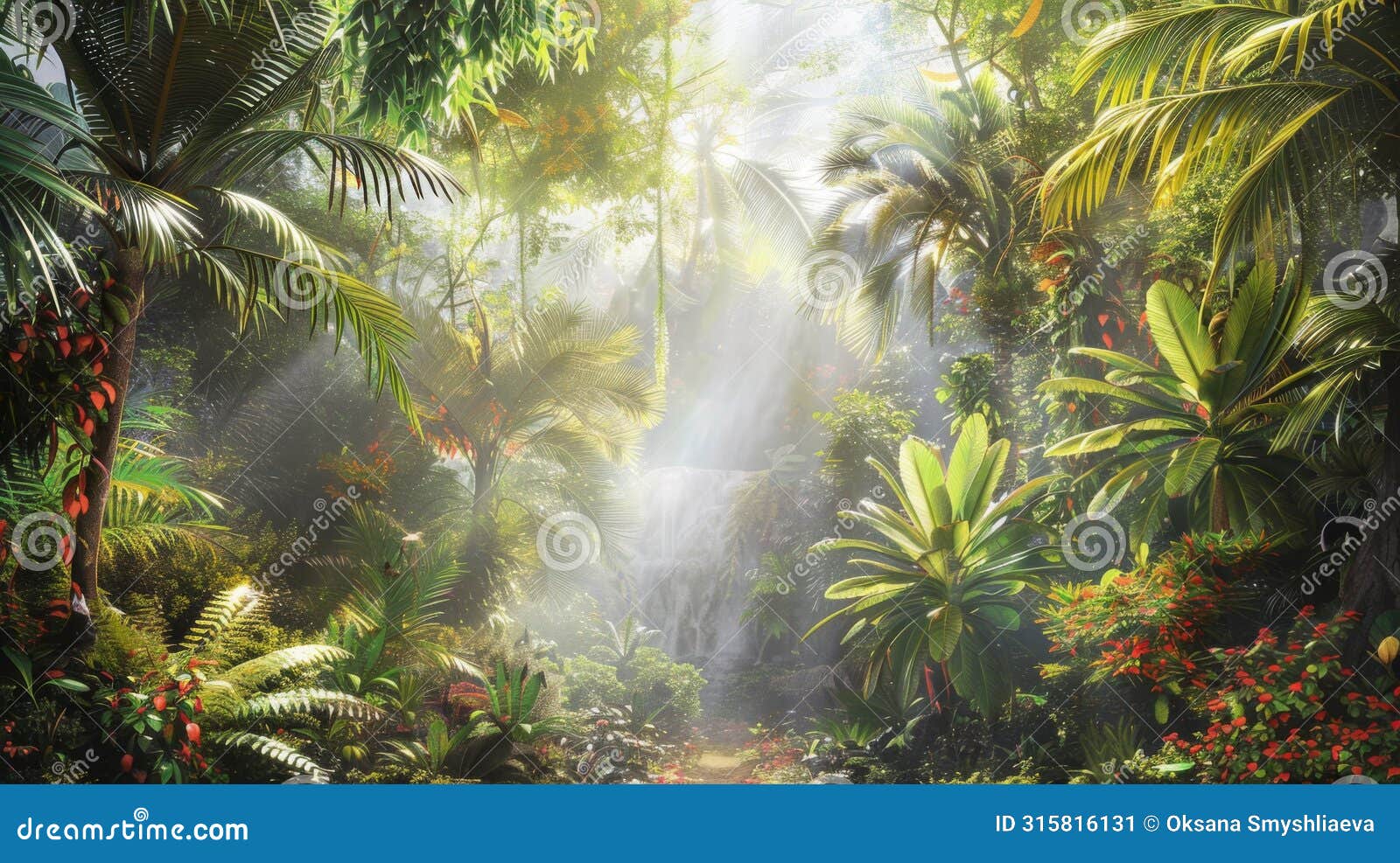 Enchanted Tropical Rainforest with Sunbeams and Waterfall Stock Image ...