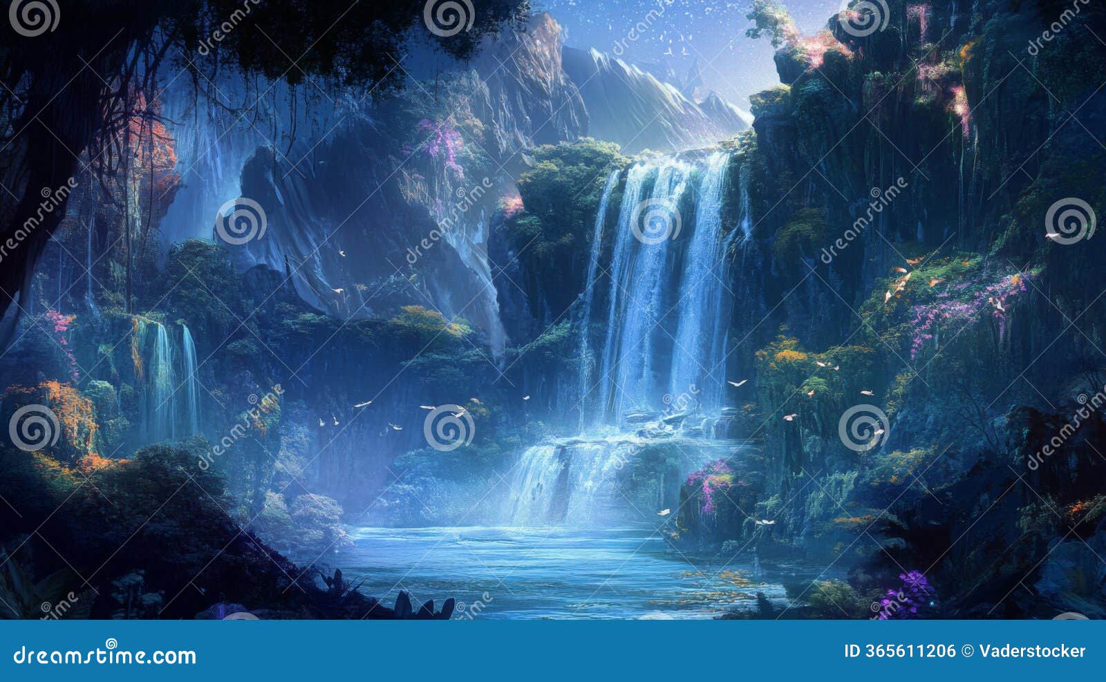 Enchanted Waterfall In A Lush Forest Royalty-Free Illustration ...