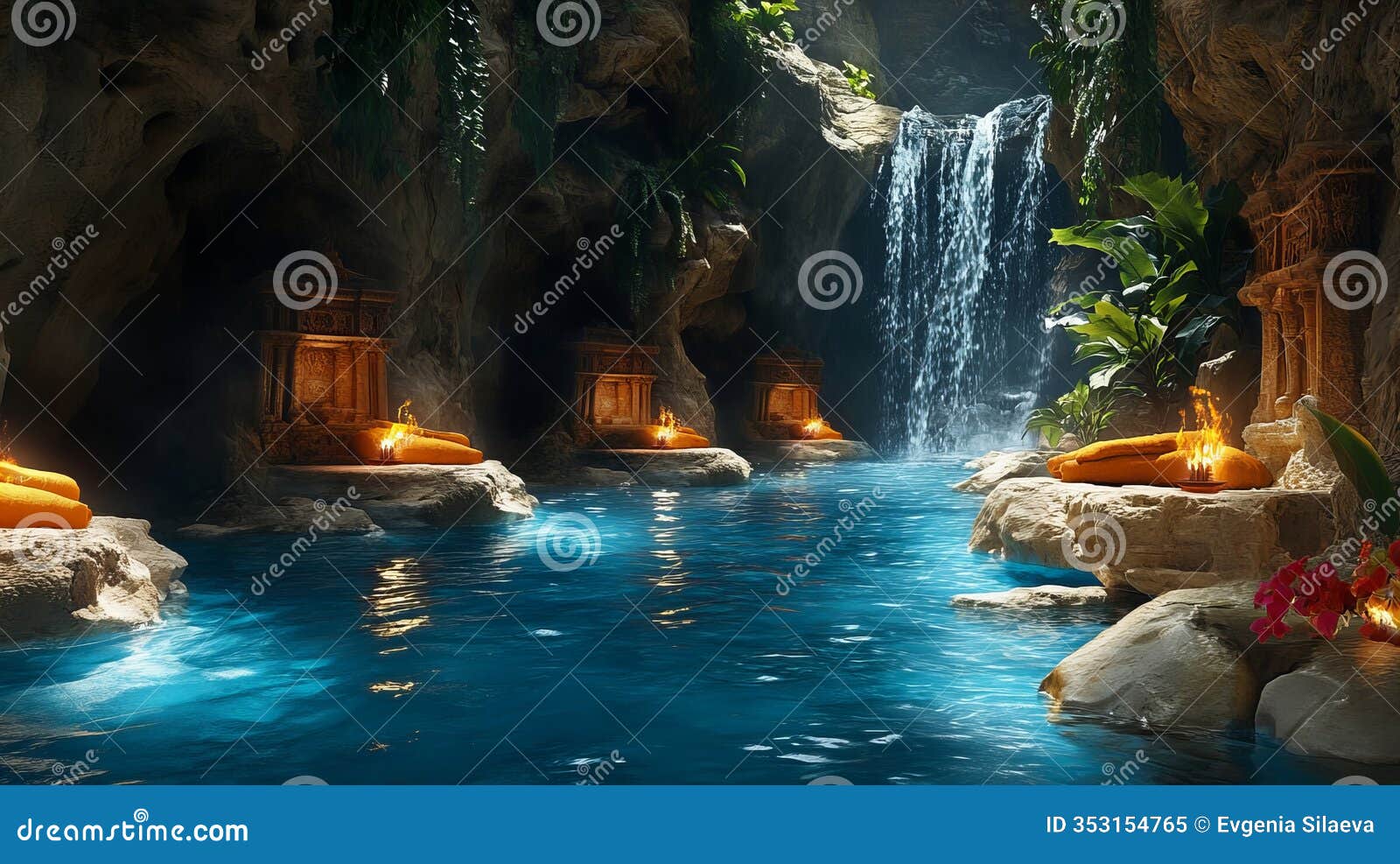 Enchanted Waterfall Sanctuary with Ancient Shrines and Crystal Blue ...