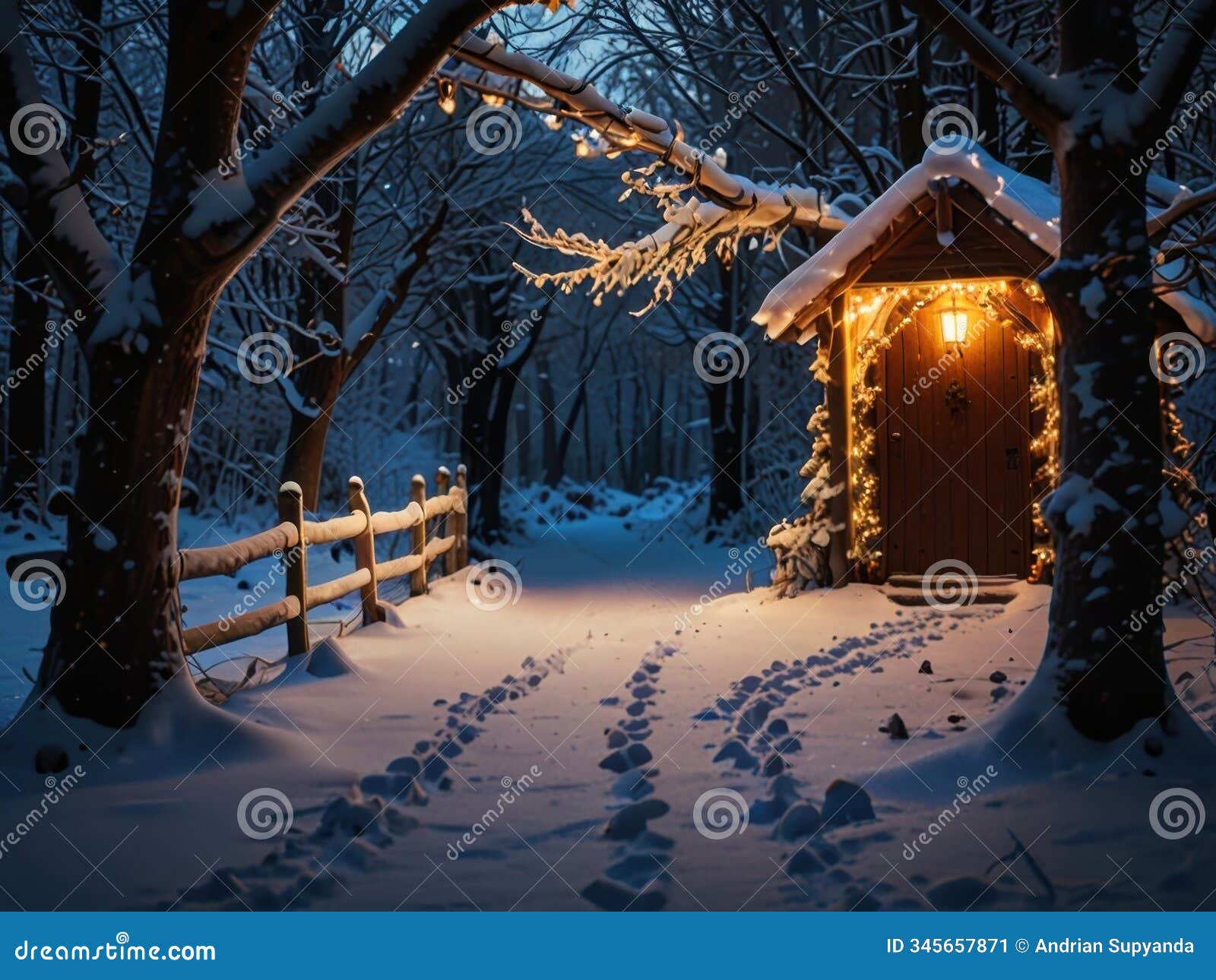 Enchanted Winter Cabin, Snow, Lights, and a Magical Path Stock ...