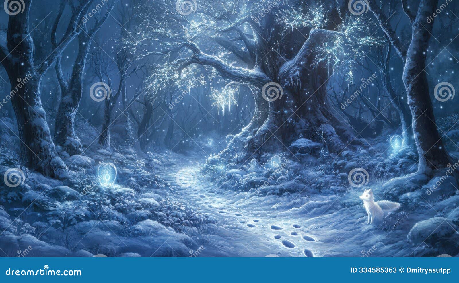 Enchanted Winter Forest with Glowing Creatures and Footprints on a ...