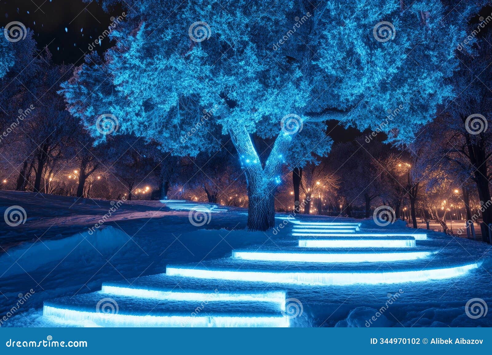 Enchanted Winter Pathway with Glowing Steps and Snowy Trees at Night ...