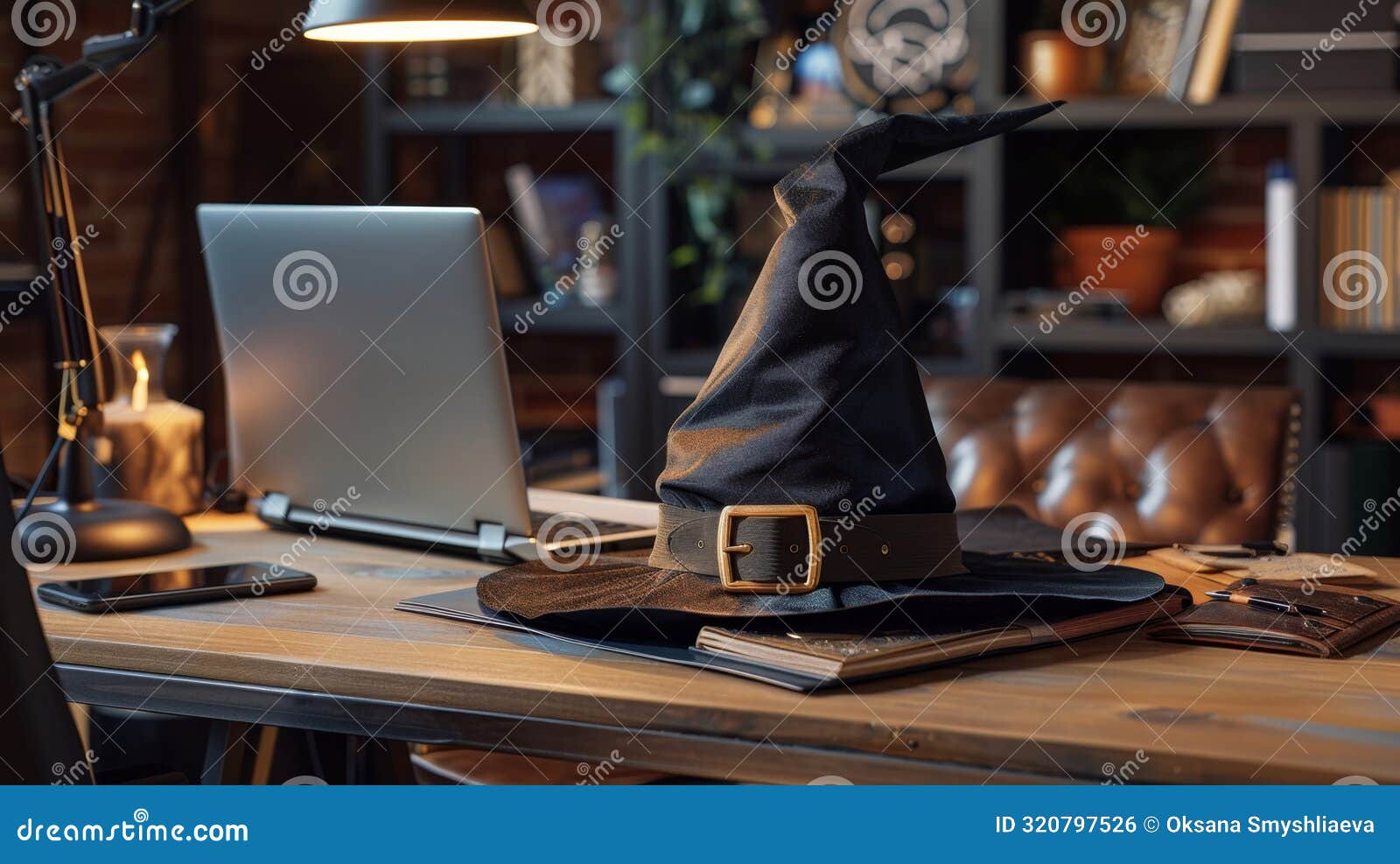 Enchanted Wizard Hat on Modern Work Desk in Home Office Stock Photo ...